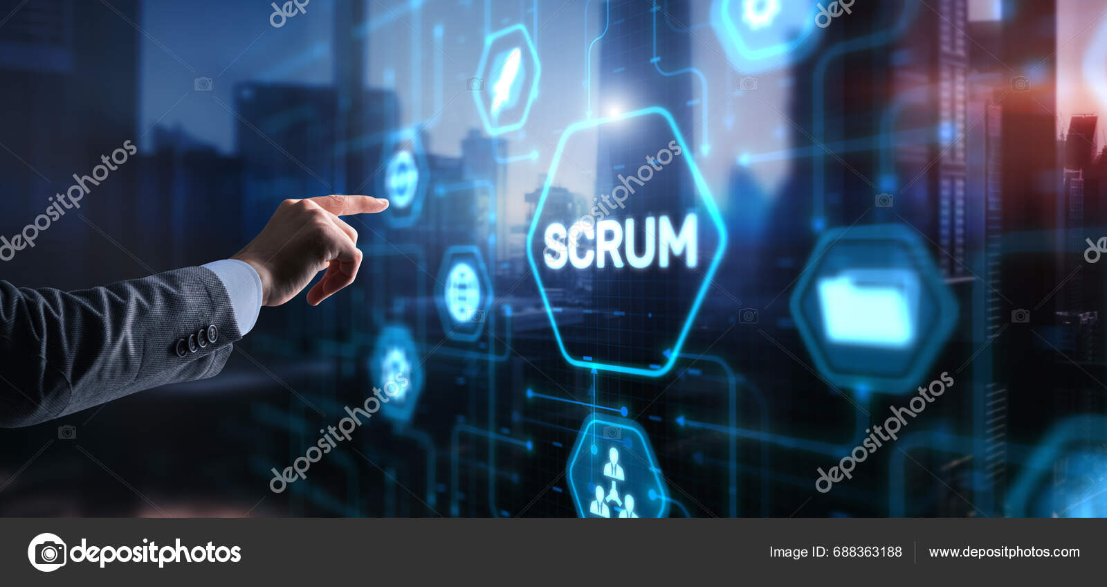 Businessman Presses Button Scrum Process Software Development Outline Concept — Stock Photo ...