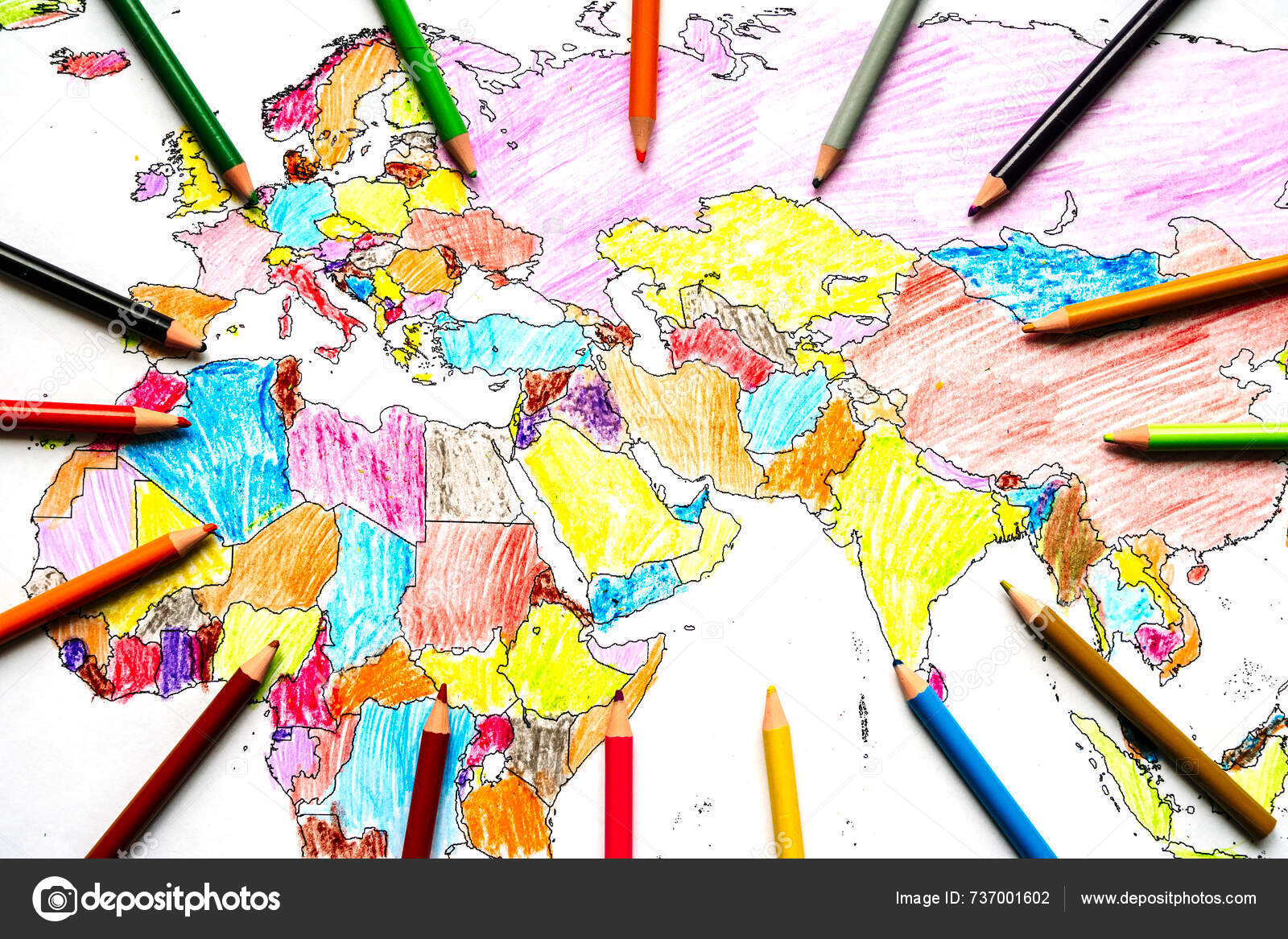Color Drawing World Map Colored Pencils Children Kids High Quality ...