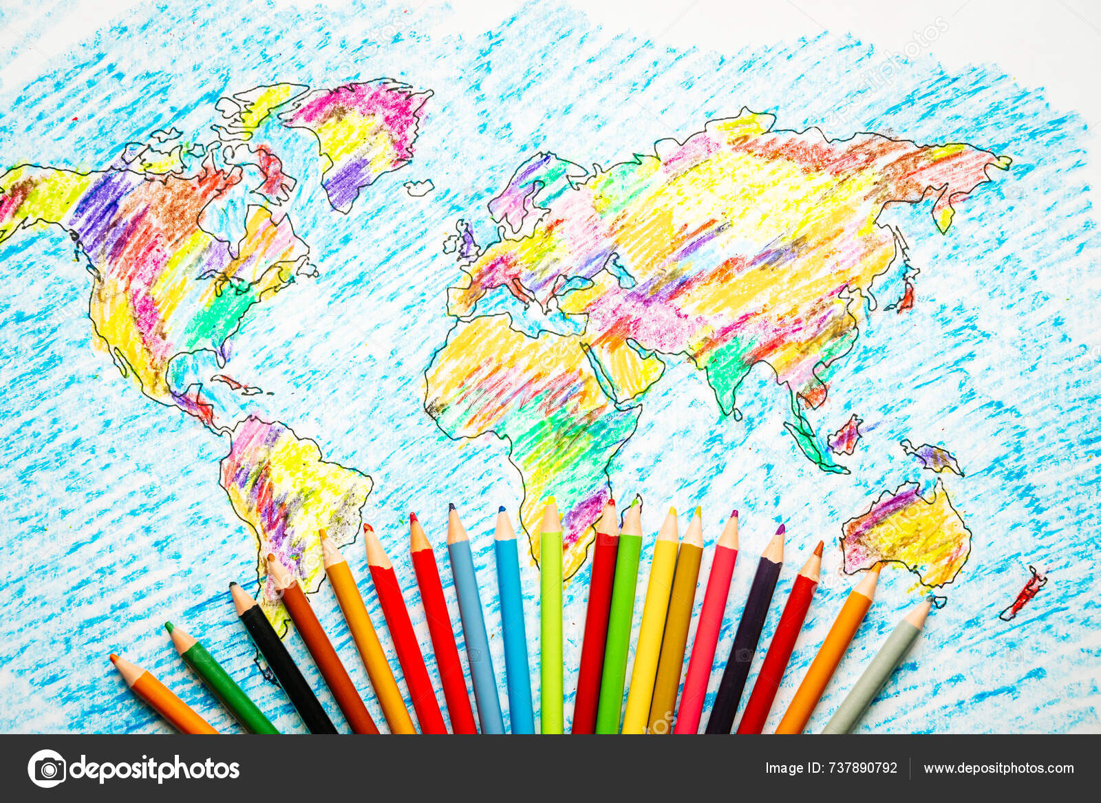Color Drawing World Map Colored Pencils Children Kids High Quality ...
