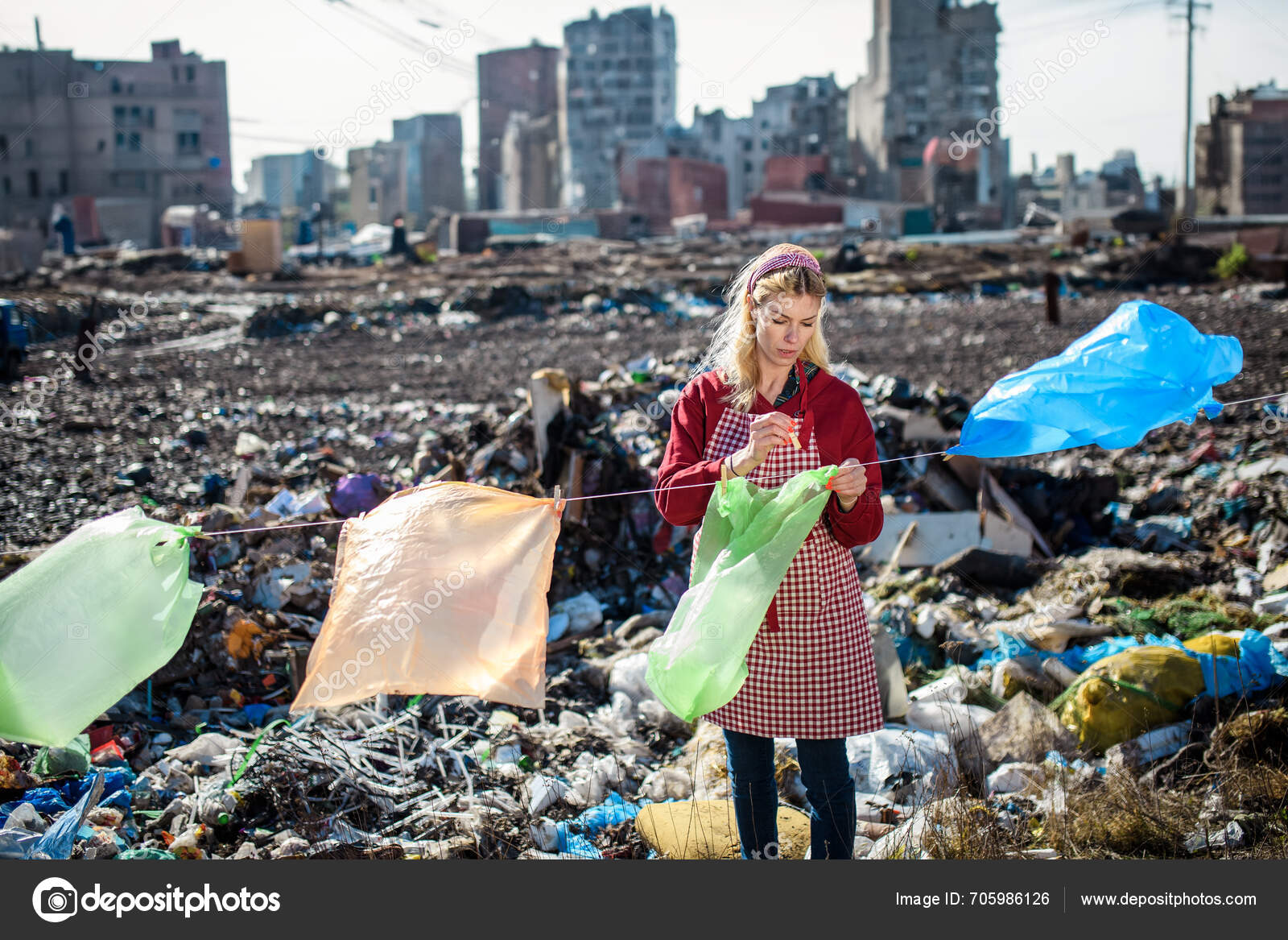 Woman Housewife Landfill Hanging Plastic Bags Laundry Consumerism ...