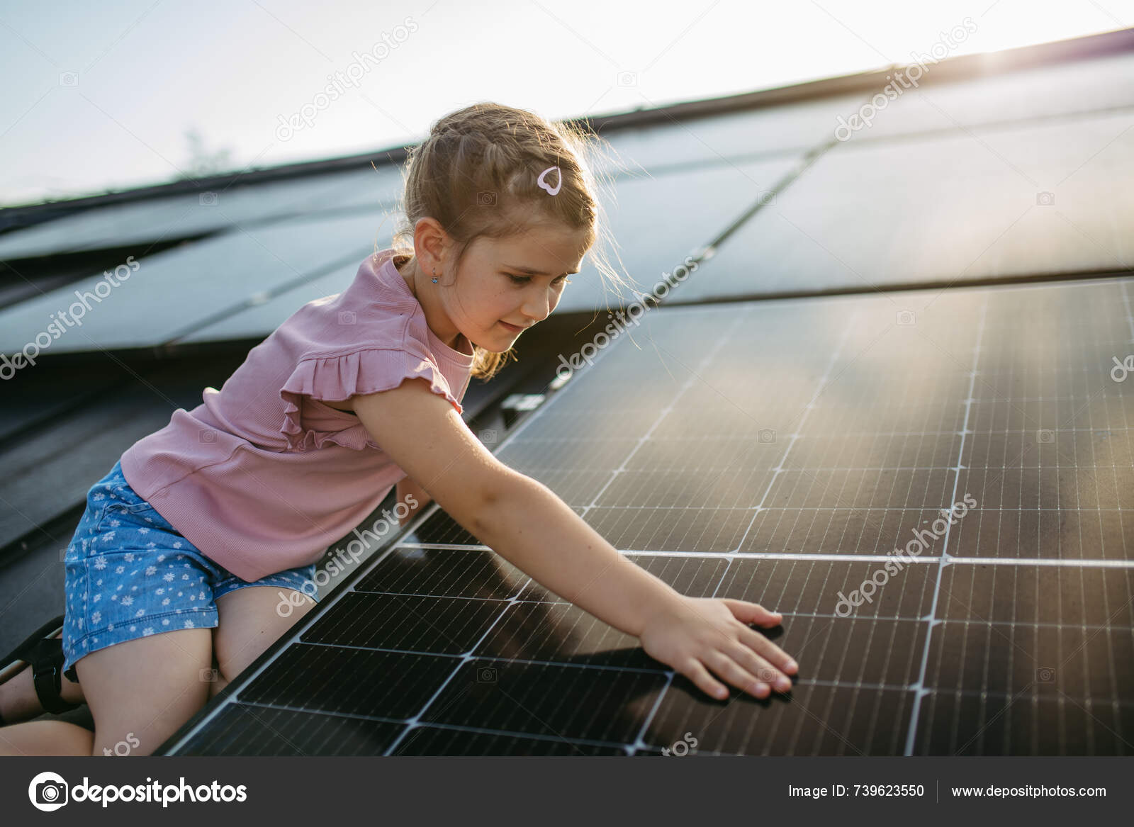 Cute Girl Sitting Solar Panels Roof Touching Panel Hand Rooftop — Stock ...