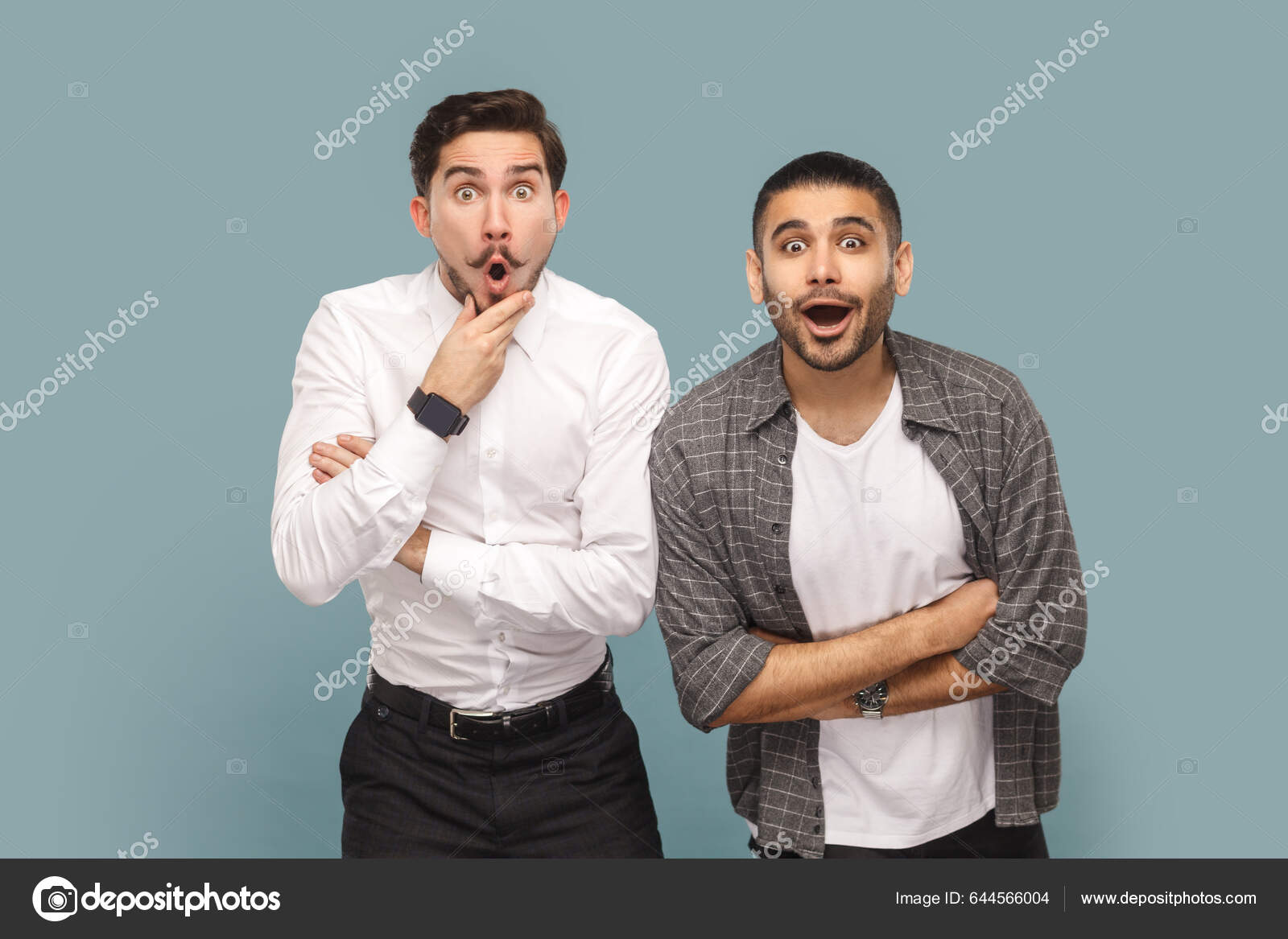 Portrait Two Shocked Men Friends Standing Together See Something ...