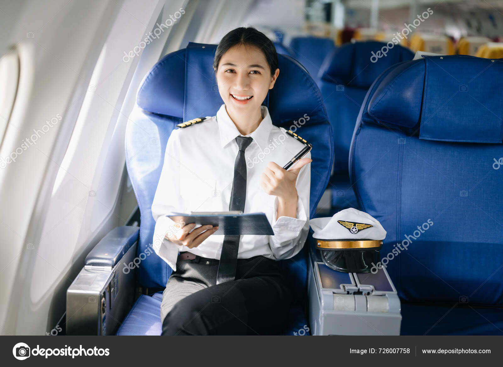 Asian Confident Female Pilot Uniform Sitting Airplane — Stock Photo ...