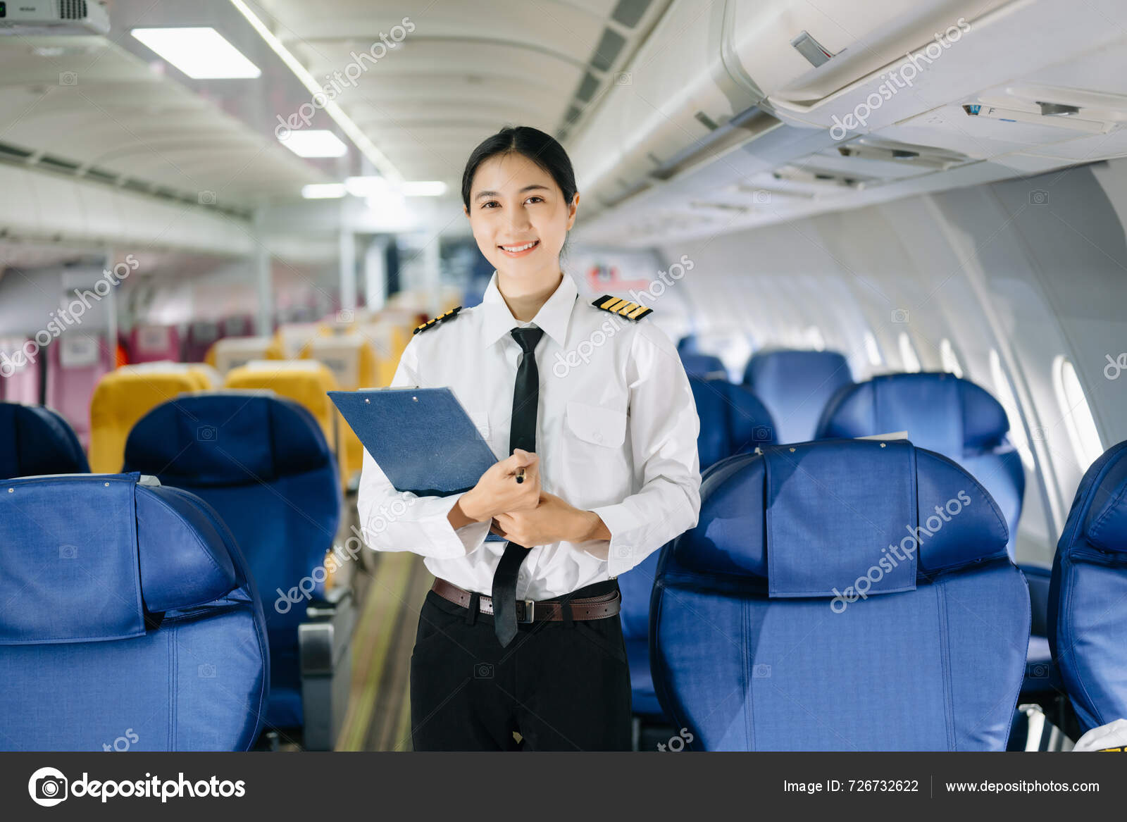 Asian Confident Female Pilot Uniform Posing Airplane — Stock Photo ...