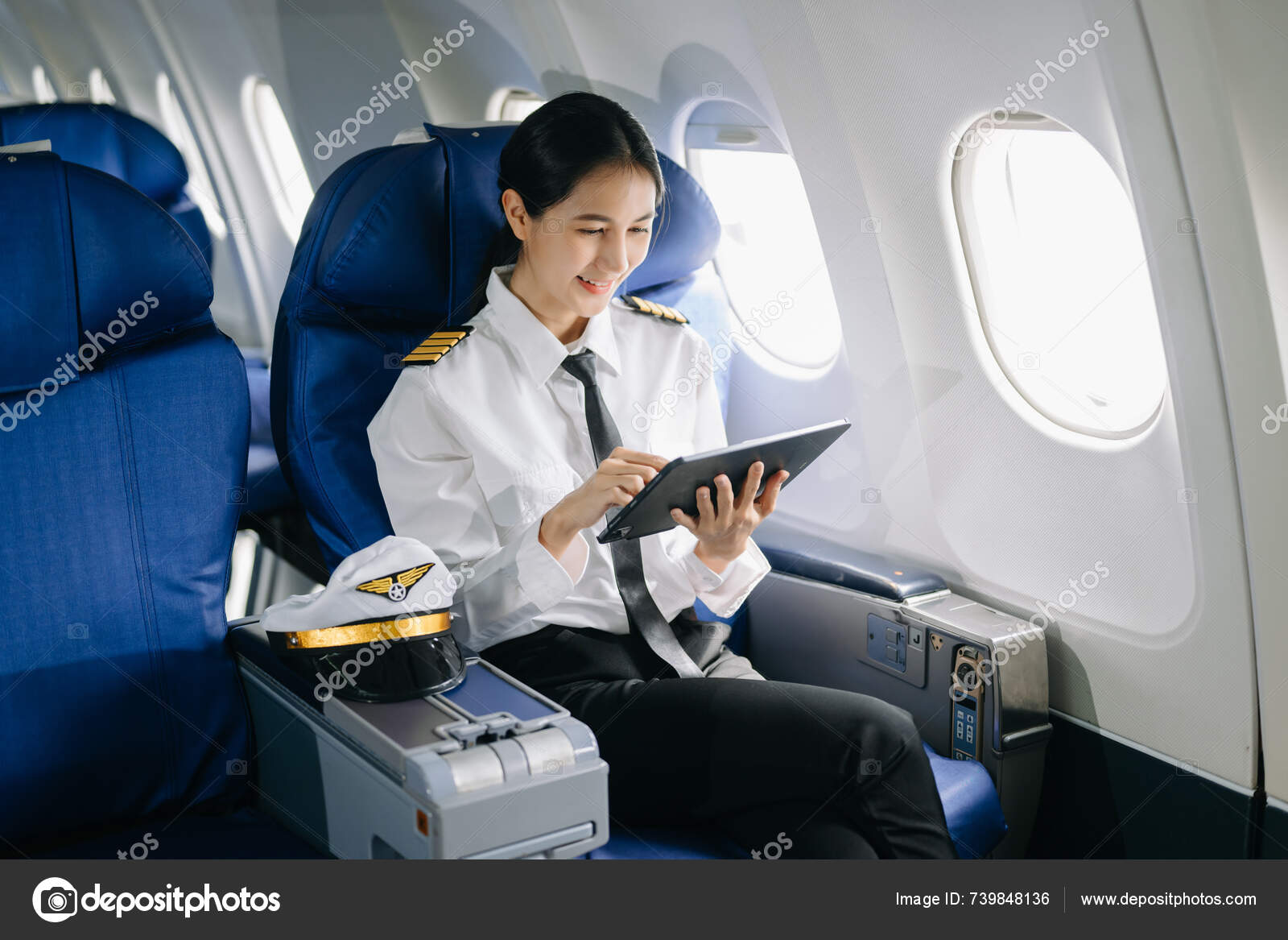 Asian Confident Female Pilot Uniform Sitting Airplane — Stock Photo ...