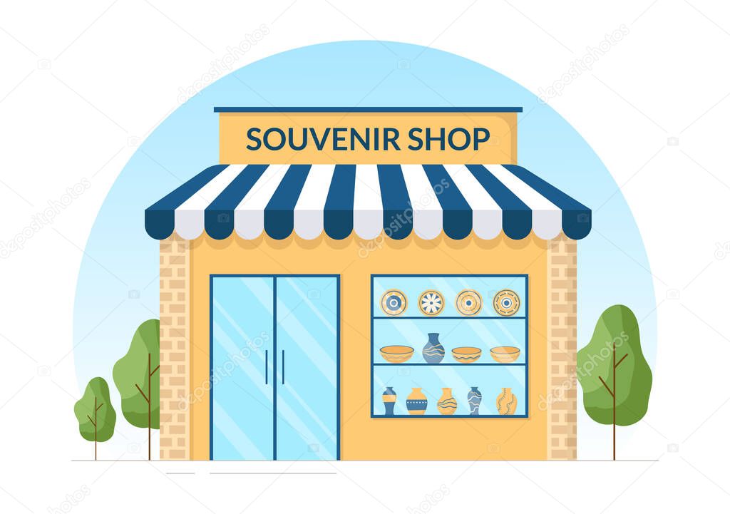 Tienda de recuerdos con varios regalos, jarrones decorativos y joyas ...