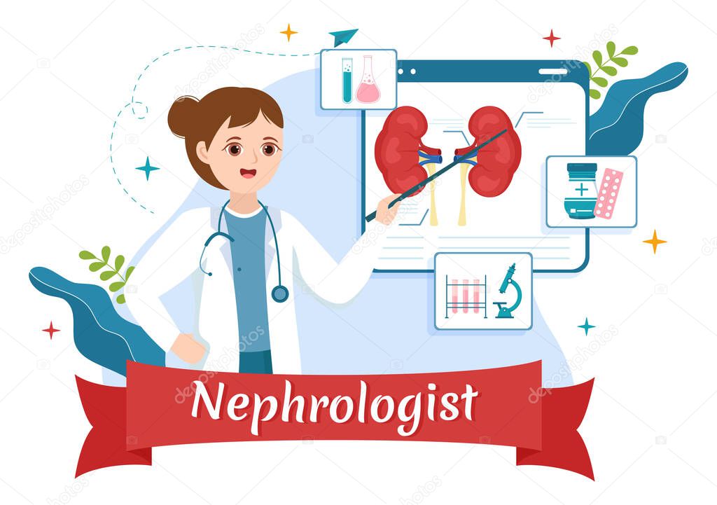 Ilustración del nefrólogo con cardiólogo, proctólogo y tratamiento del órgano renal en dibujos ...