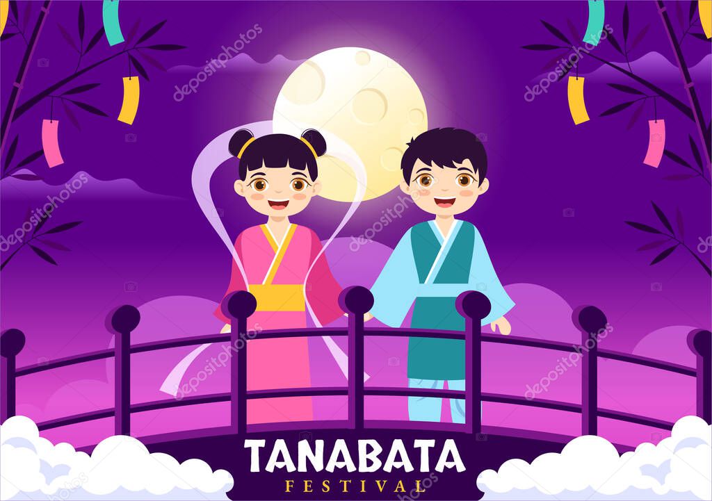 Festival de Tanabata Ilustración vectorial con niños con flores de kimono y peonías en dibujos ...