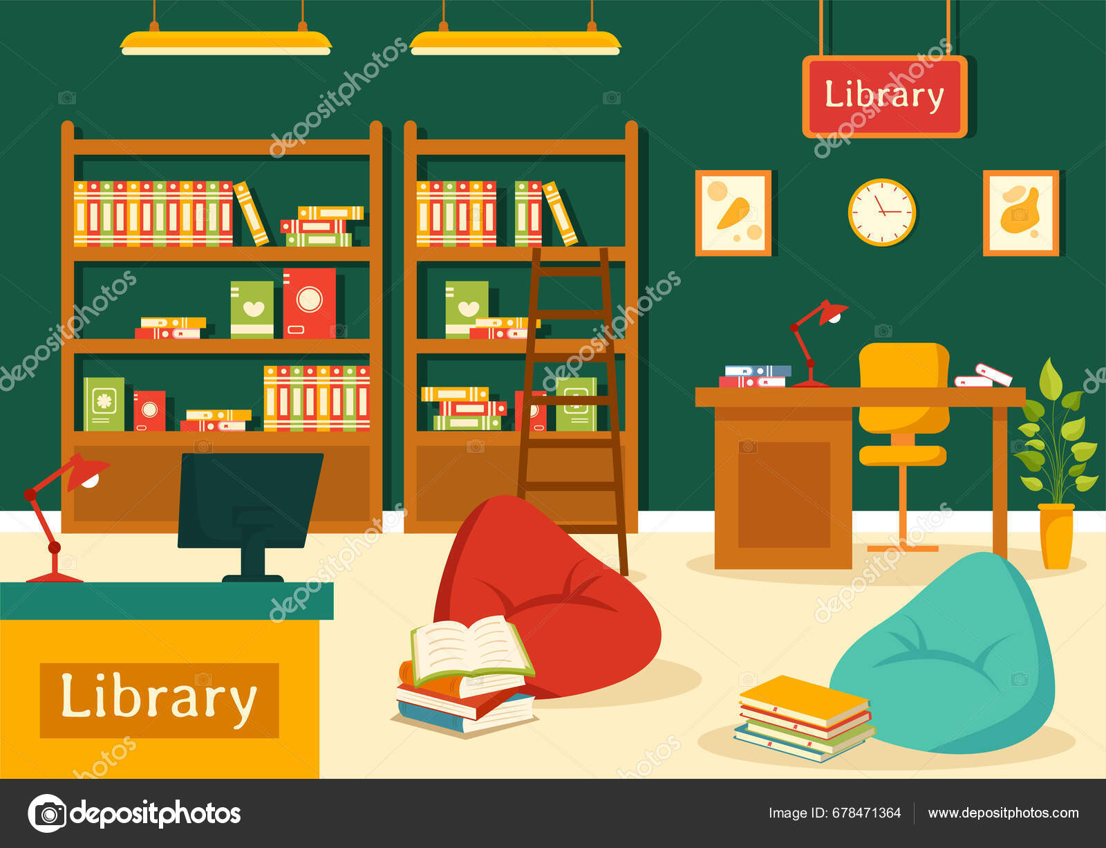 Library Vector Illustration Book Shelves Interior Wooden Furniture ...