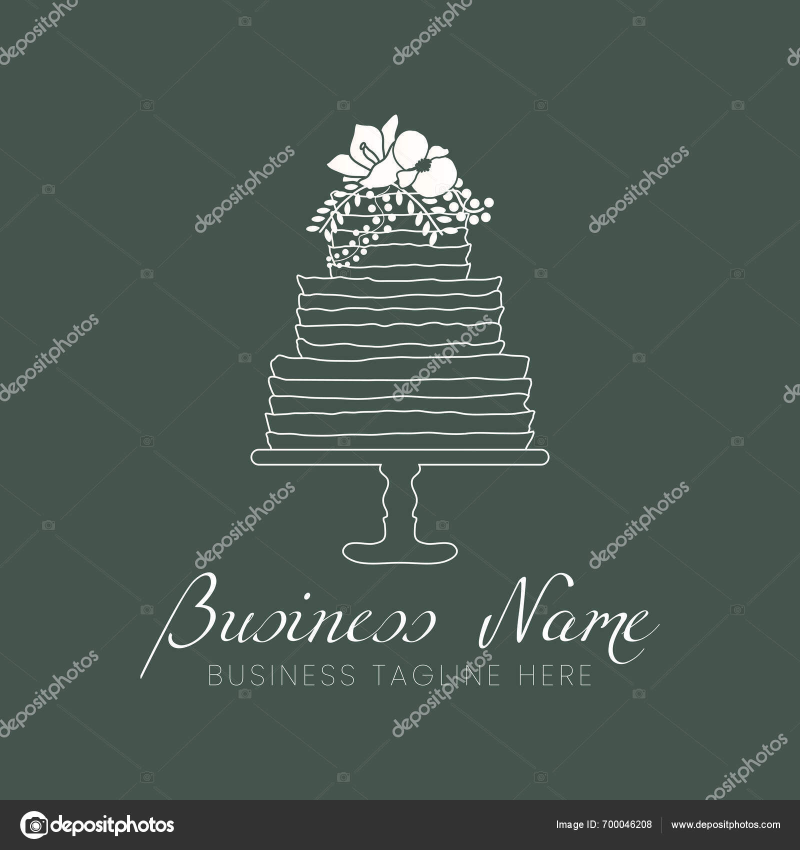 White Cake Outline Logo Bakery Minimal Style Dark Green Background ...