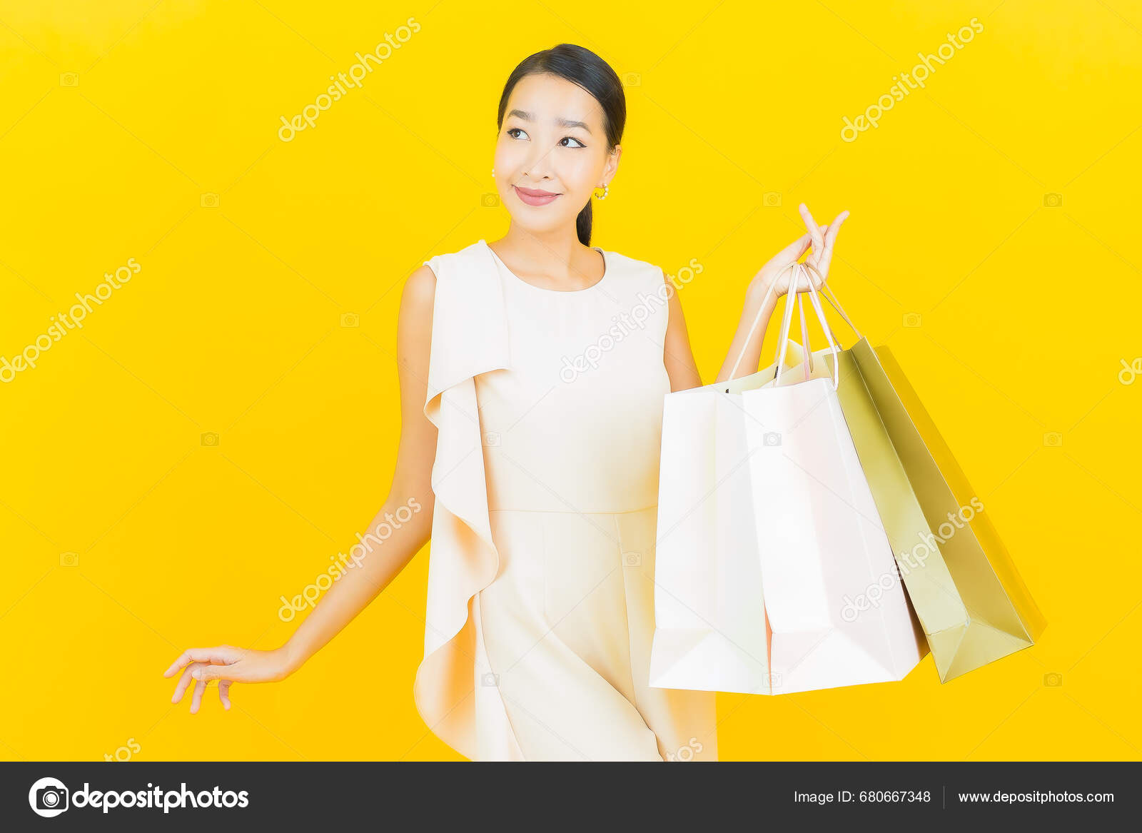 Portrait Beautiful Young Asian Woman Smile Shopping Bag Yellow Color ...
