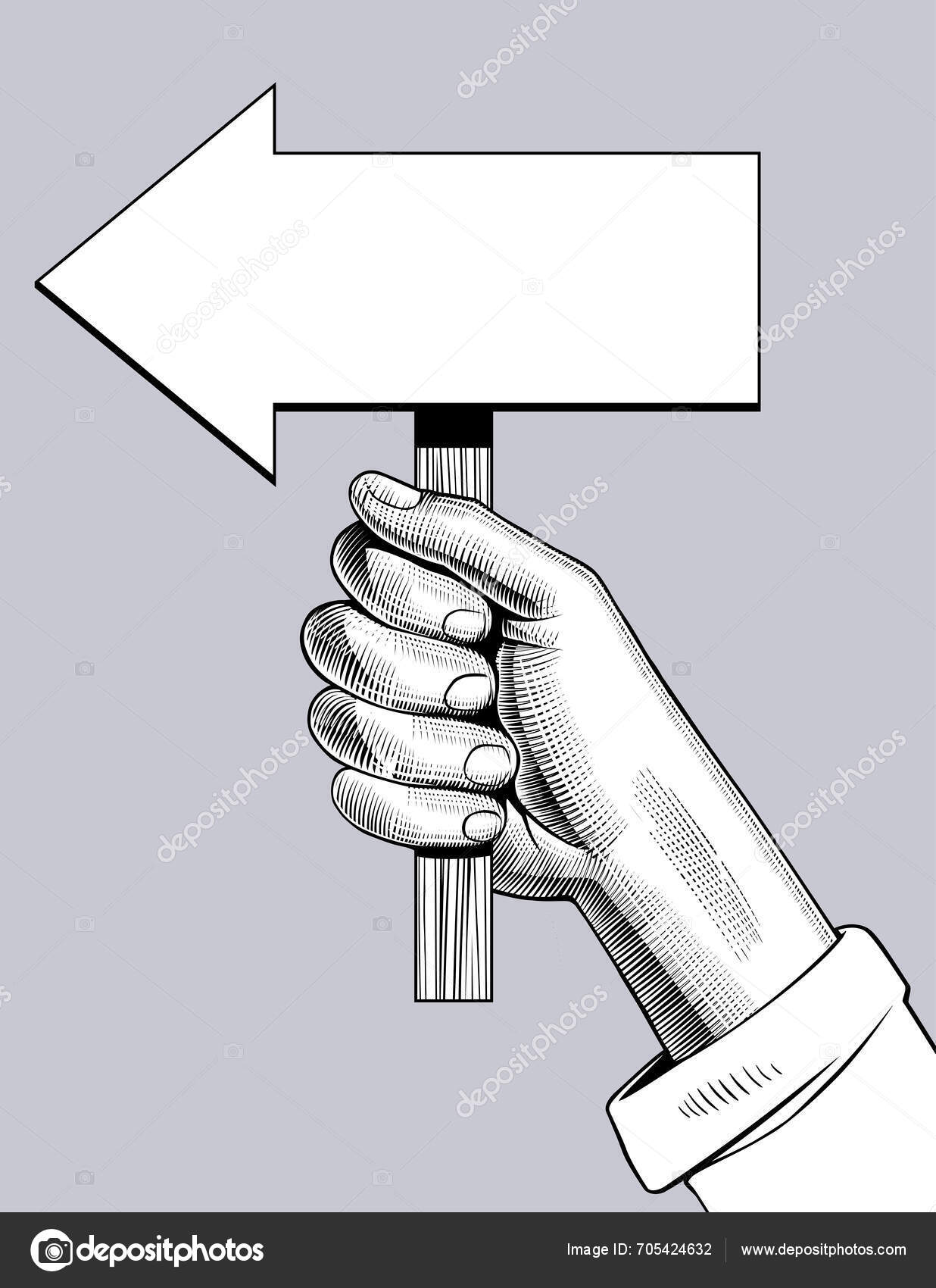 Hand Holding White Arrow Sign Template Vintage Engraving Drawing Style ...