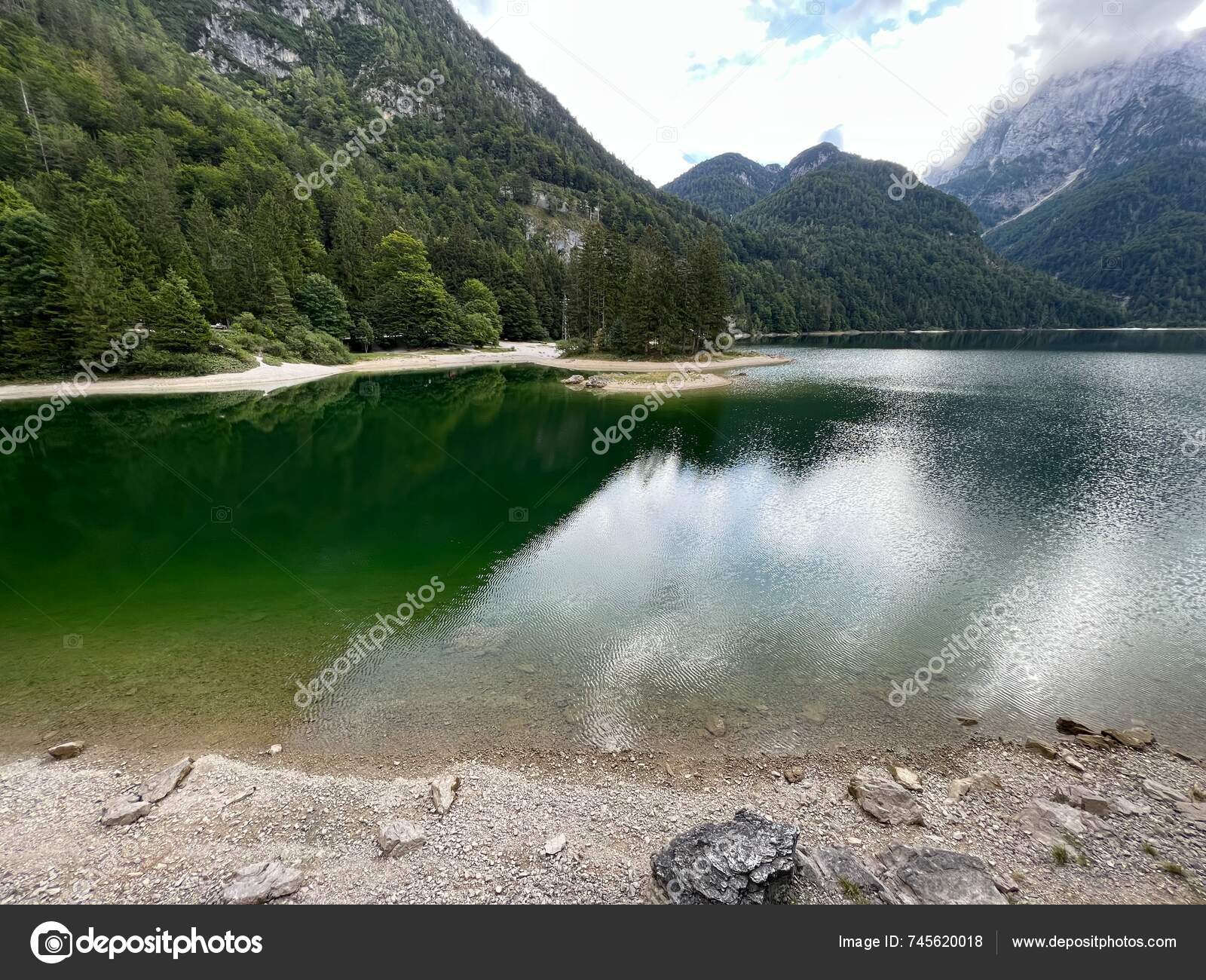 Early Autumn Alpine Lake Lago Del Predil Lago Raibl Cave — Stock Photo ...