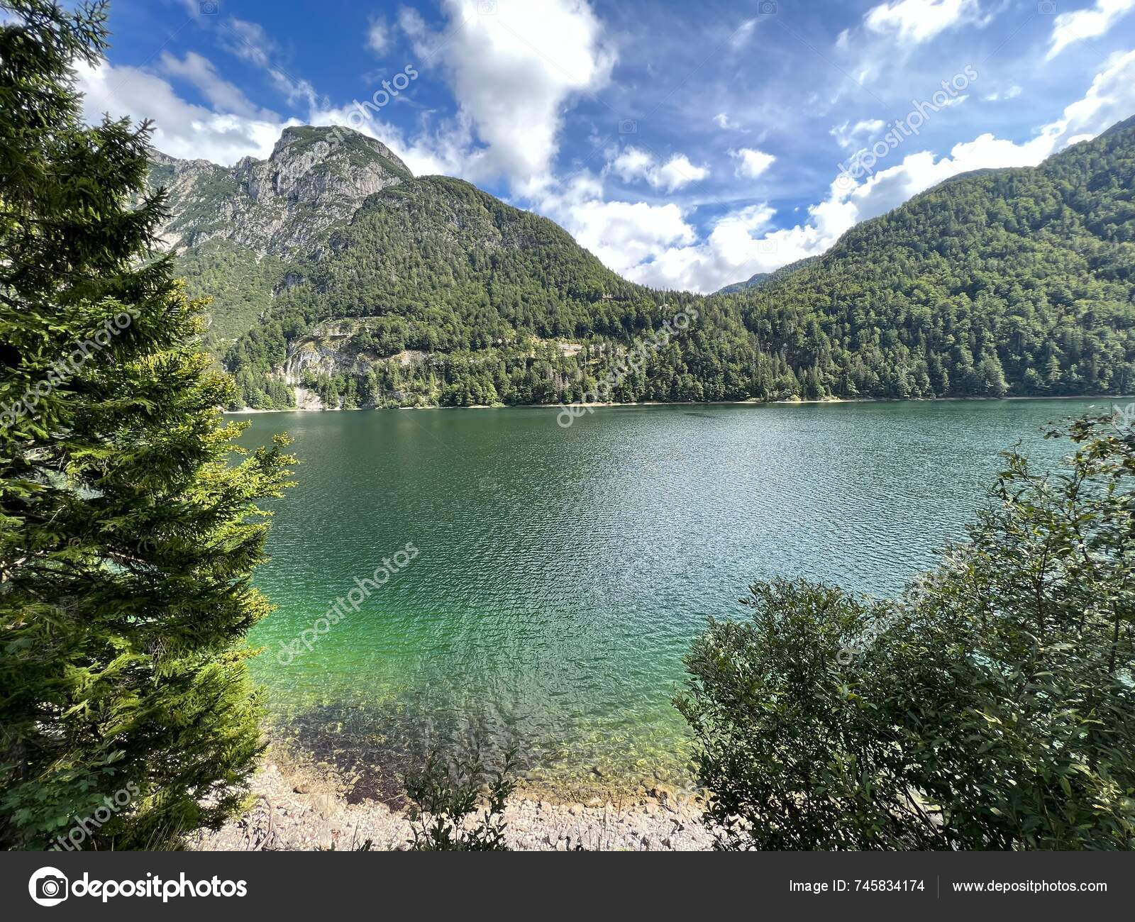 Early Autumn Alpine Lake Lago Del Predil Lago Raibl Cave — Stock Photo ...