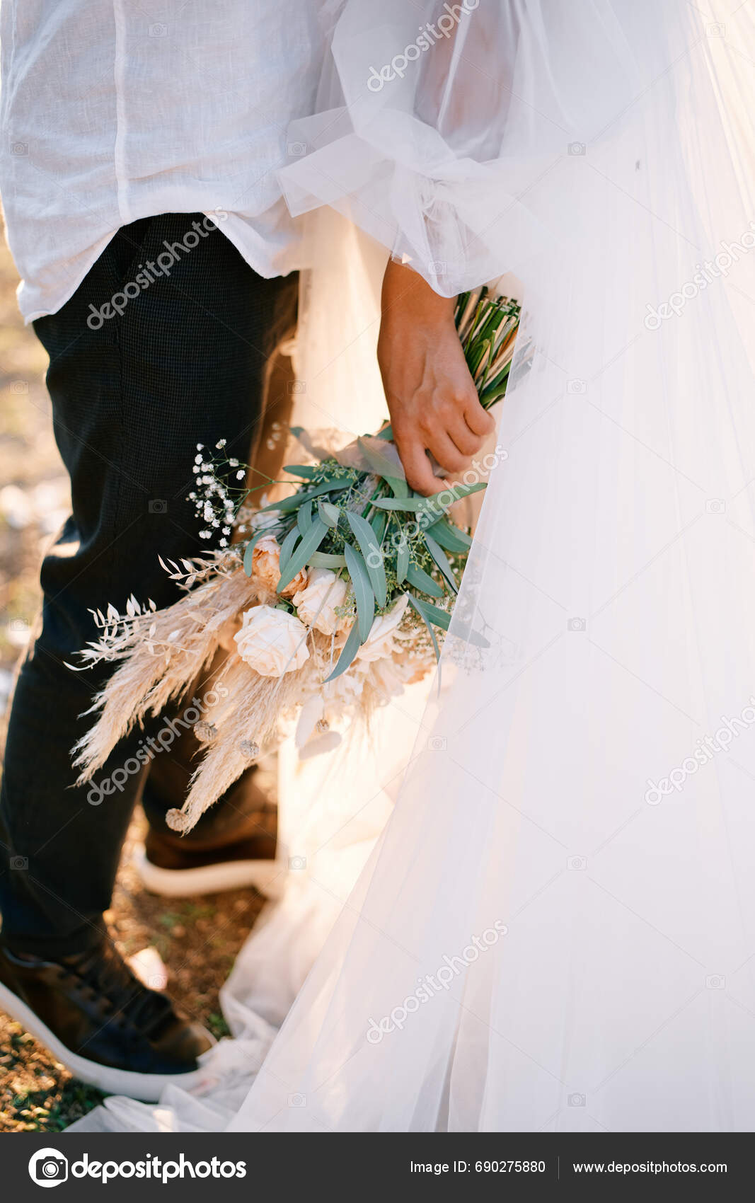 Bride Bouquet Flowers Her Hand Stands Groom Cropped Faceless High ...