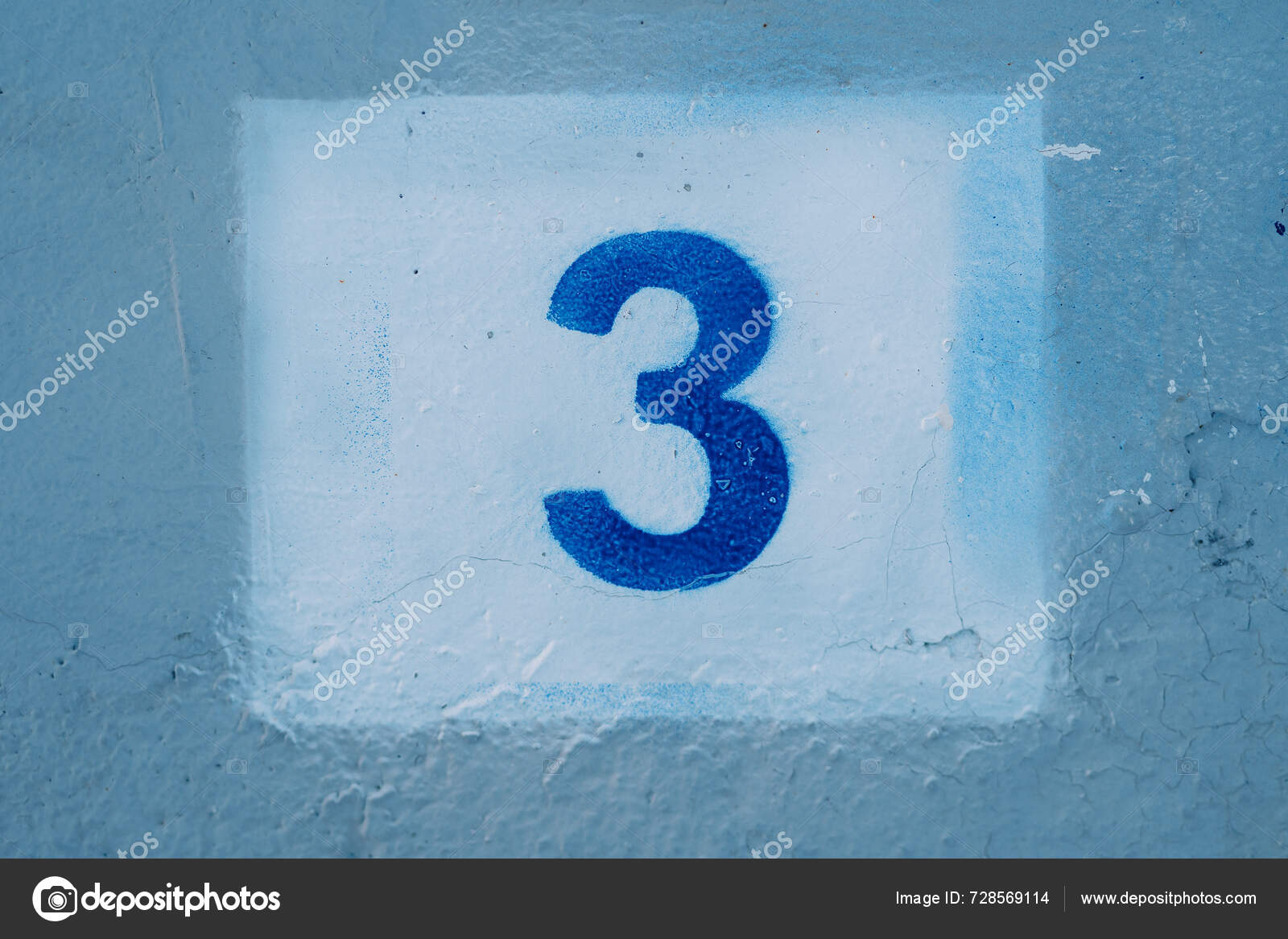 Number Three Drawn Blue Wall White Rectangle High Quality Photo — Stock ...