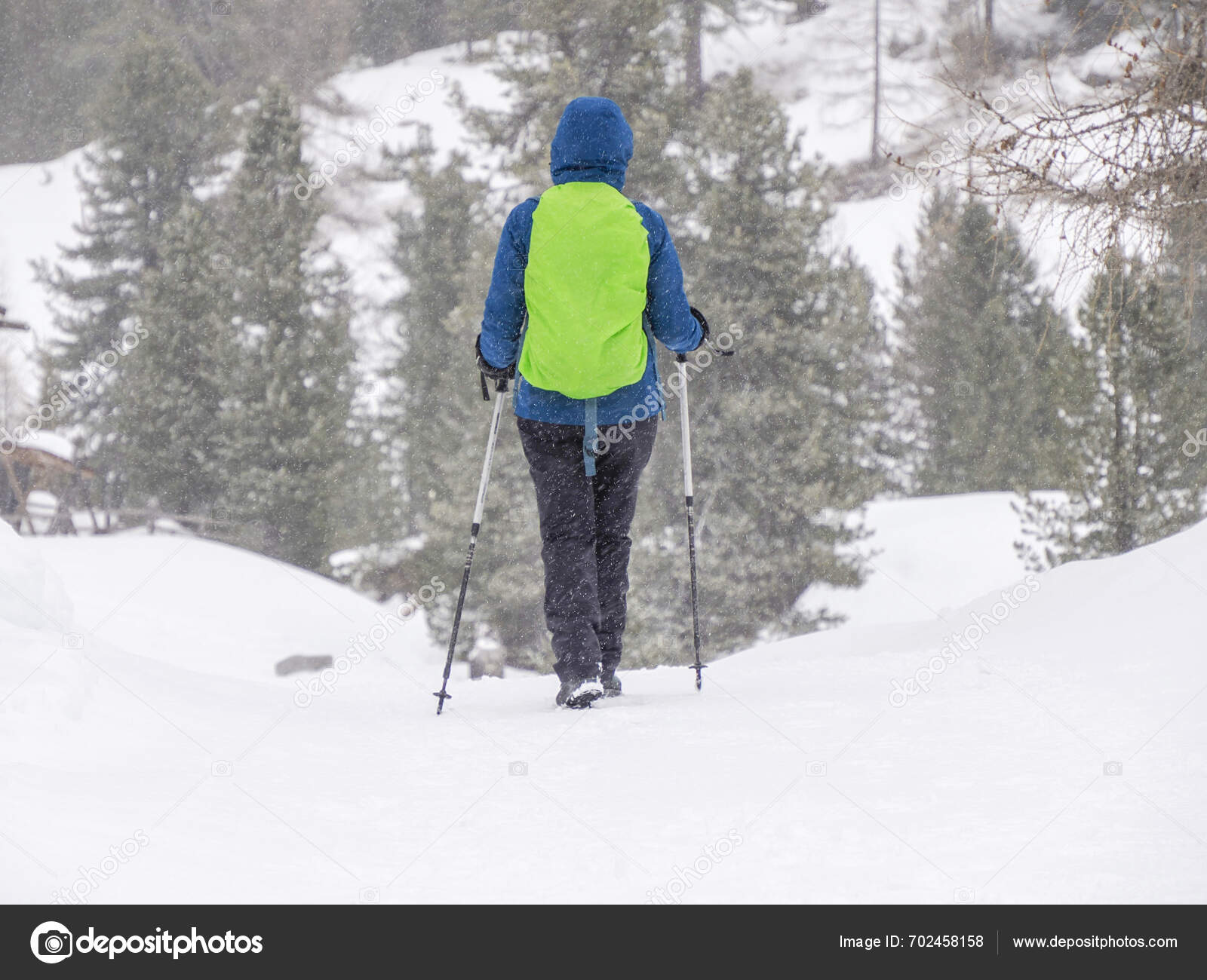 Snow Falling Hiker Fanes Mountain Dolomites Winter Panorama Landscape ...