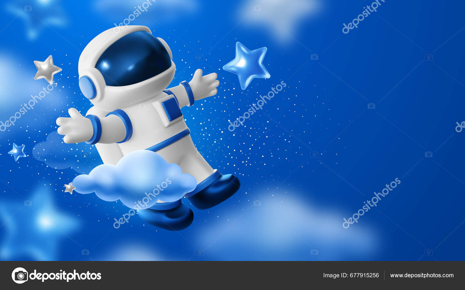 Astronaut White Blue Space Suit Helmet Flies Clouds Stars Shows Stock ...