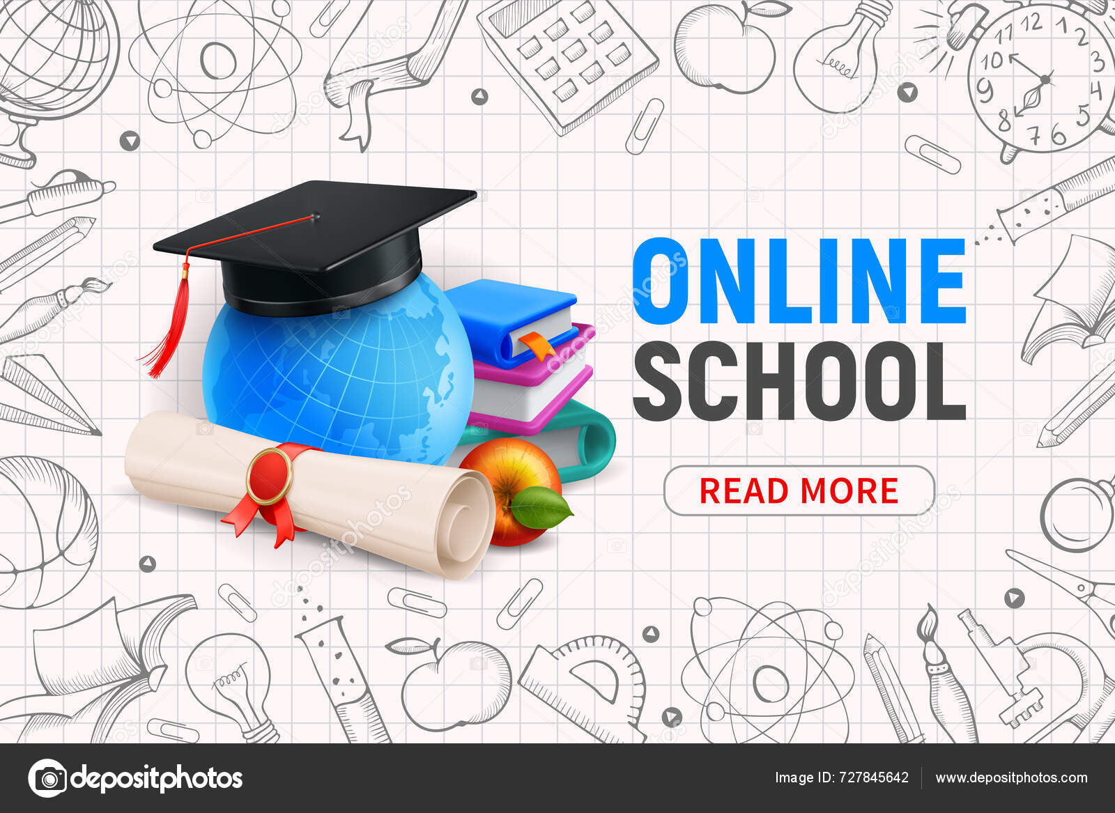 Online School Back School Banner Graduation Cap Globe Books Diploma ...