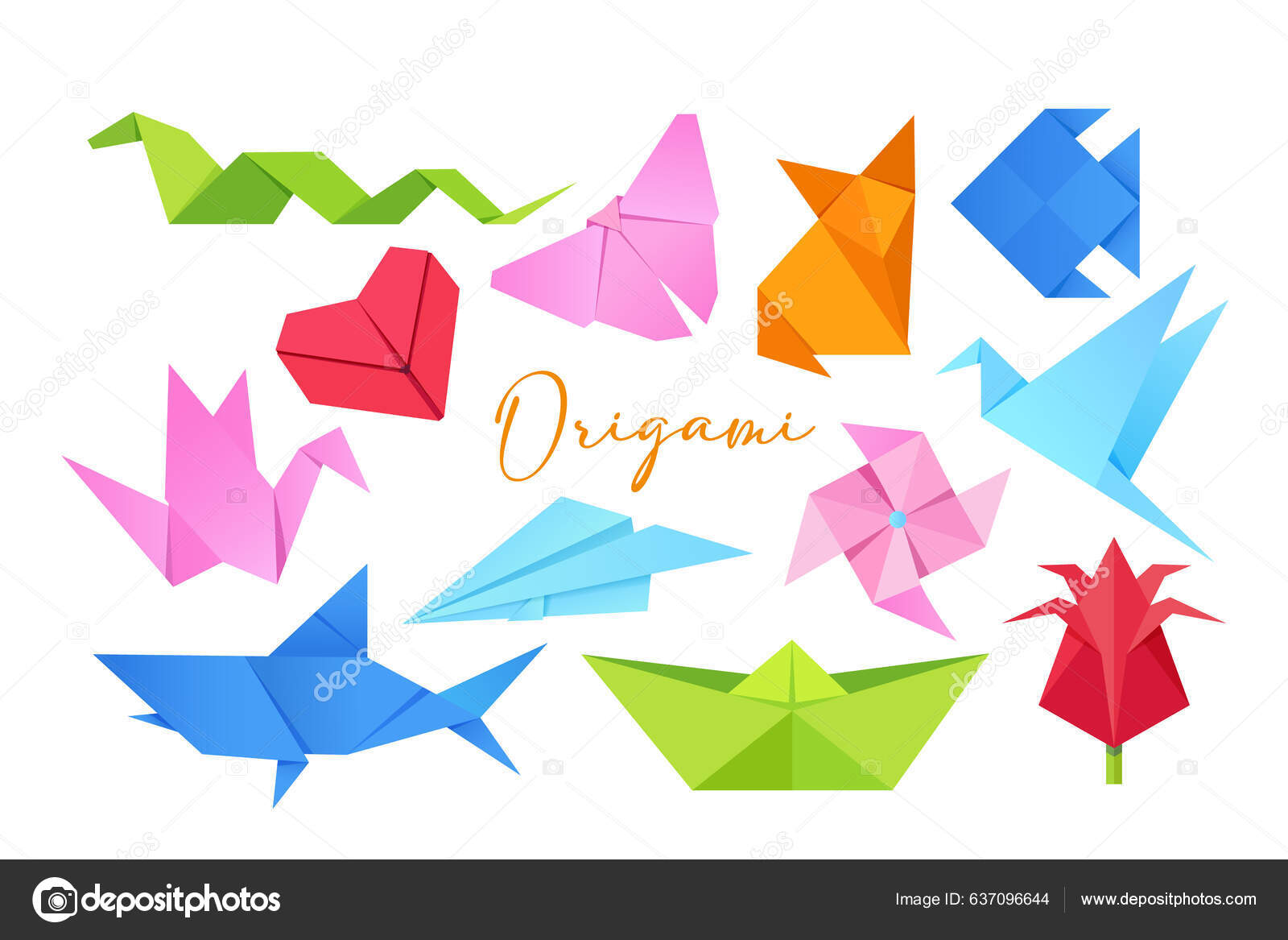 Origami Japanese Figures Set Isolated White Background Vector de Stock ...