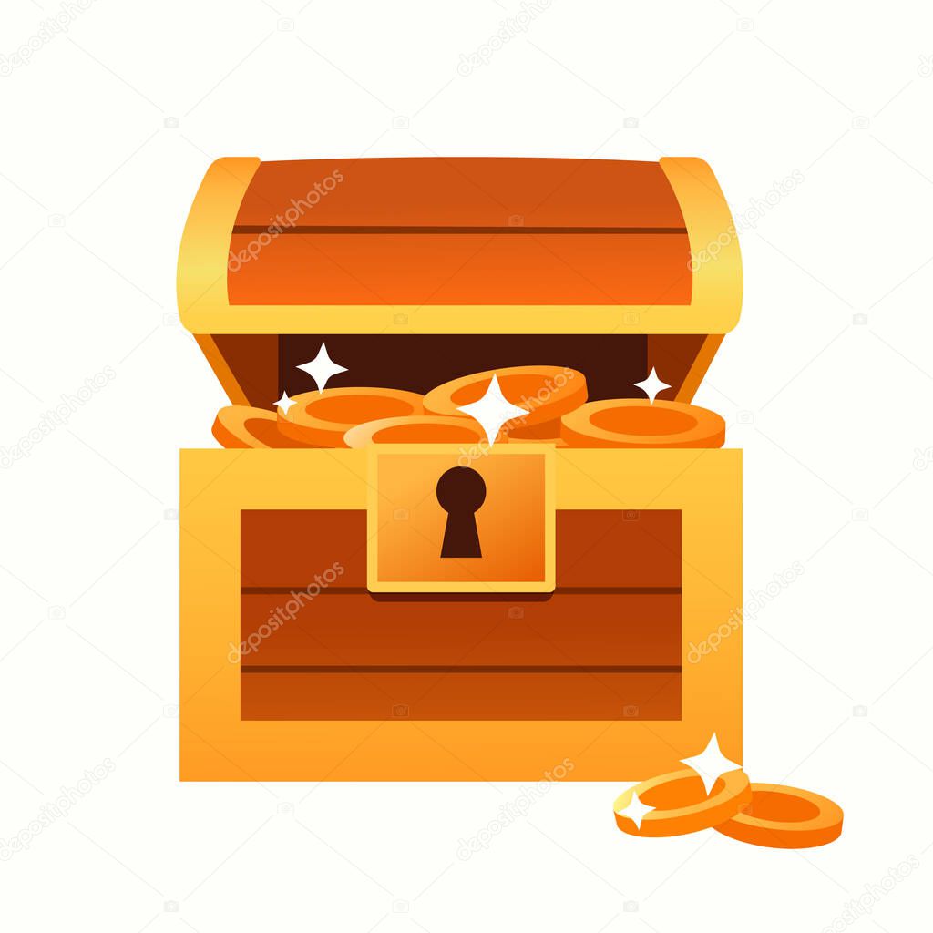 cofre del tesoro de madera lleno de monedas de oro aisladas sobre fondo ...