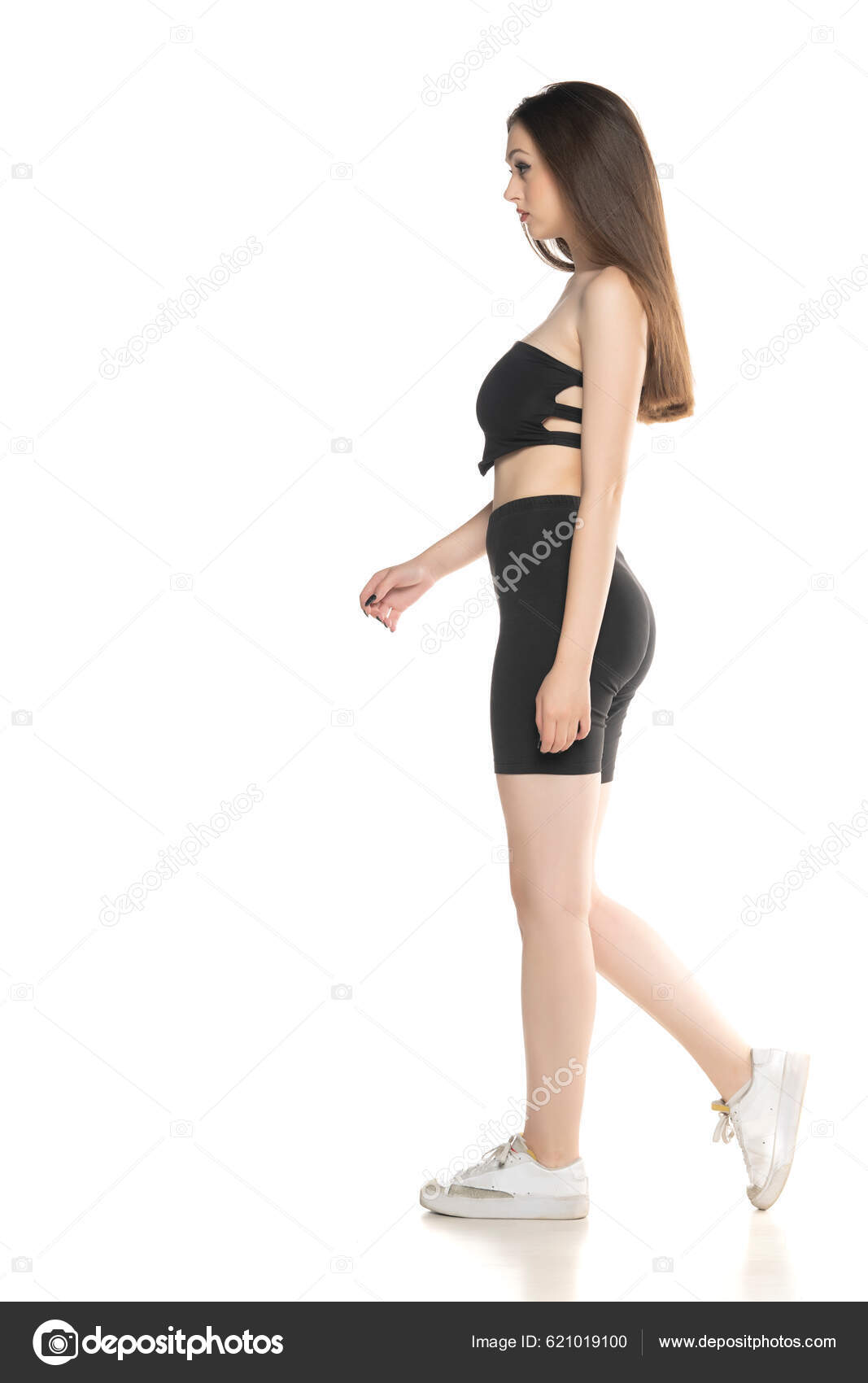 Side View Young Woman Black Shorts Top Posing Studio White Stock Photo ...