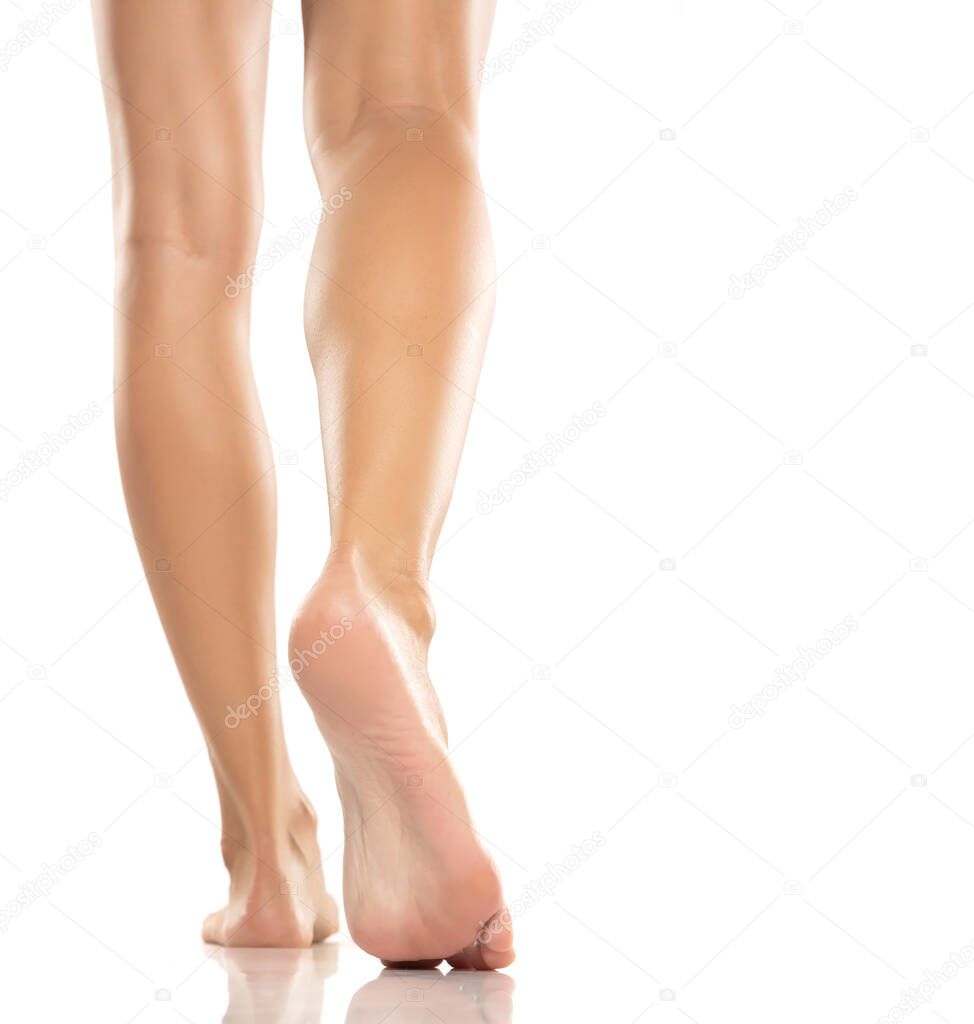 Back View Beautiful Women's Feet Legs White Studio Background — Foto de ...
