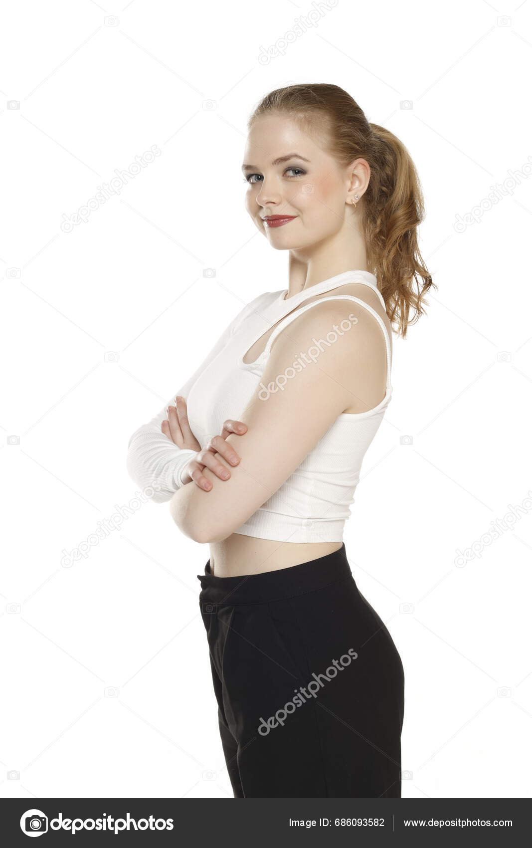 Smiling Beautiful Blond Woman Posing Crossed Arms White Studio ...