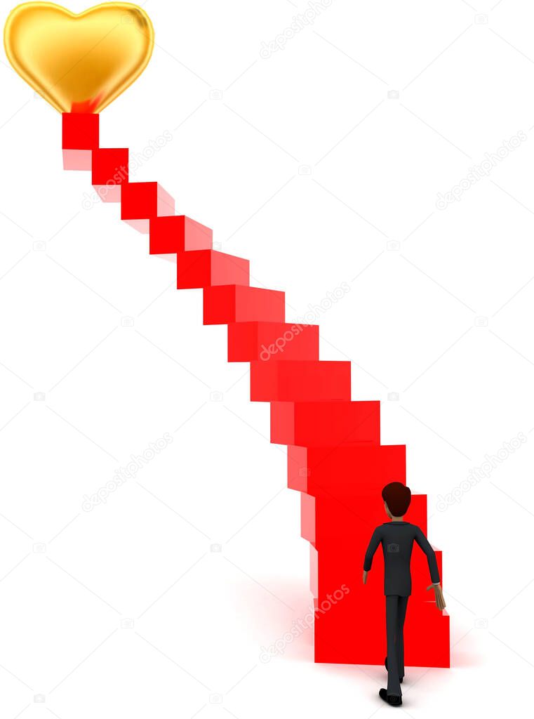 3d hombre caminando hacia arriba al símbolo del corazón de oro con la ...