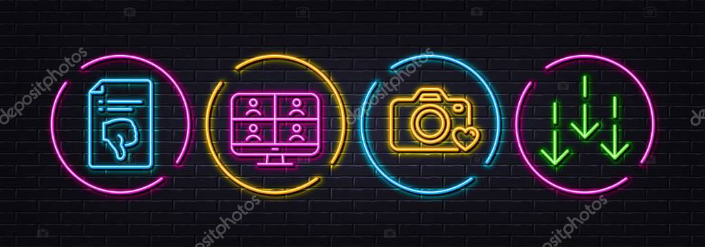 Photo camera, Thumb down and Video conference minimal line icons. Neon laser 3d lights. Scroll ...