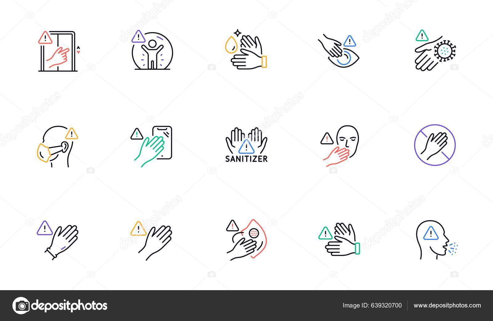 Touch Warning Line Icons Stop Touch Face Eyes Medical Mask Stock Vector ...