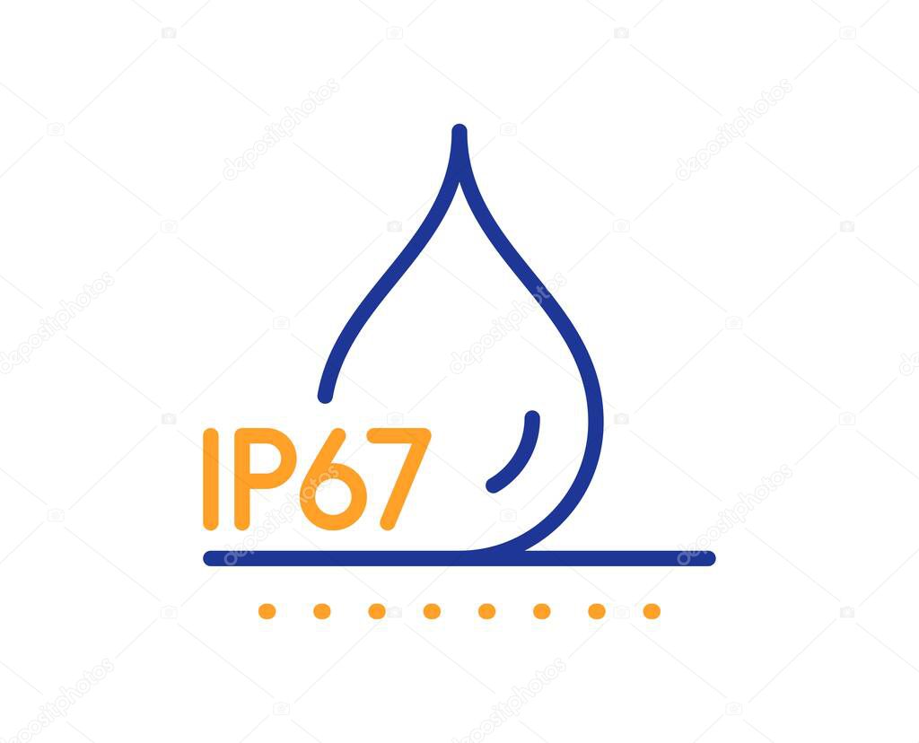 Icono de línea impermeable. Signo ip67 resistente al agua. Deja caer el ...