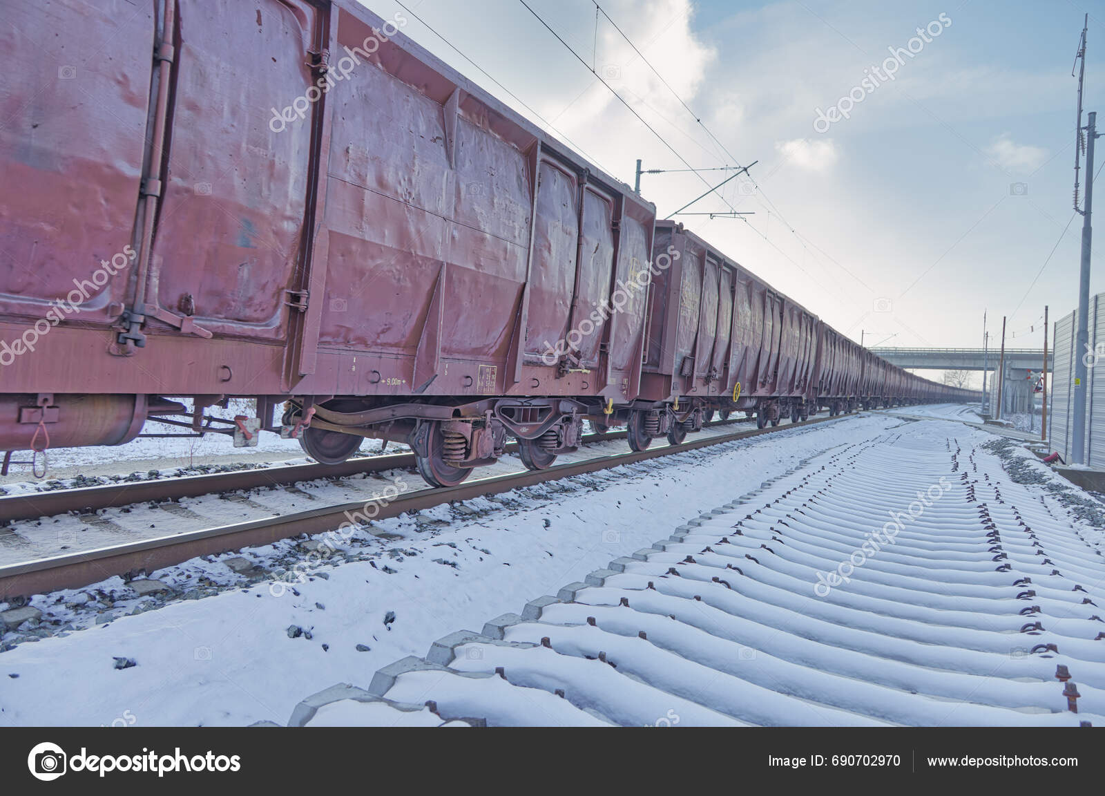 Endless Row Red Freight Train Cars Resting Snow Draped Tracks — Stock ...