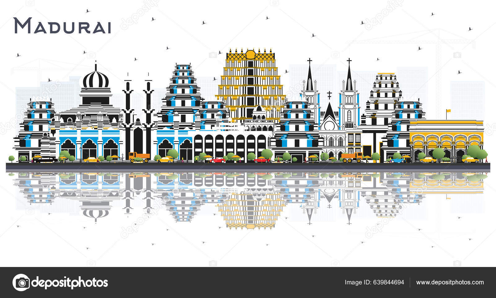 Madurai India City Skyline Color Buildings Reflections Isolated White ...