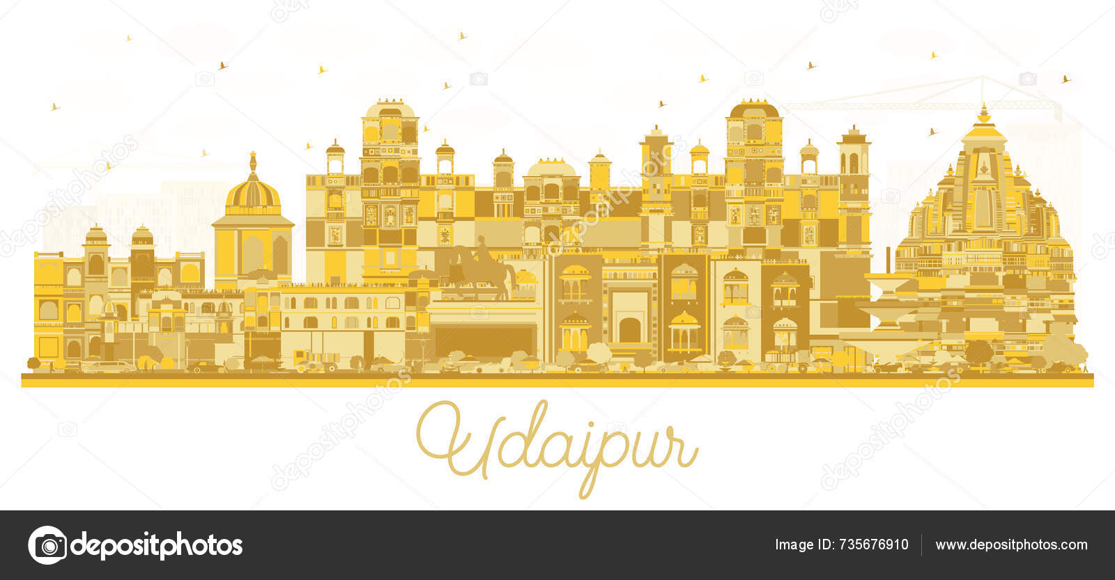 Udaipur India City Skyline Silhouette Golden Buildings Isolated White ...