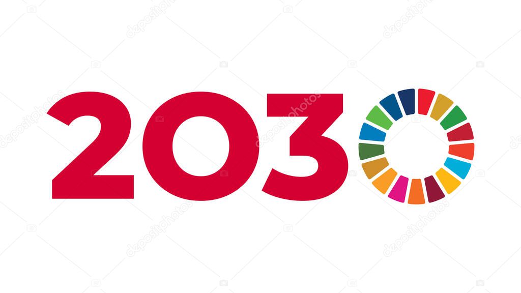 2030 número con símbolo de color SDG. Objetivos de Desarrollo Sostenible. Ilustración vectorial 2023