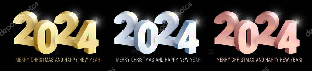 Oro 3D brillante realista, plata y números de oro rosa 2024 sobre fondo ...