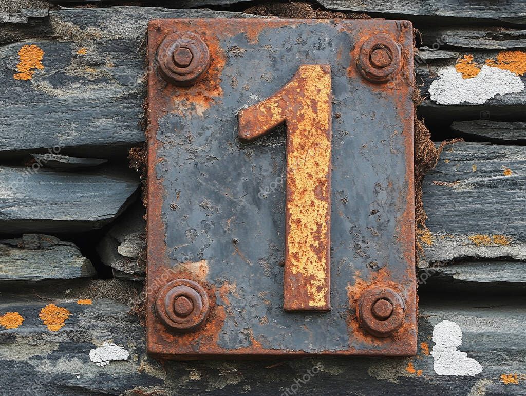 Un letrero de metal envejecido que muestra el número uno se fija a una ...
