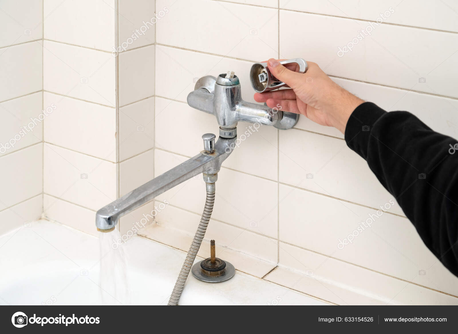 Leaking Shower Faucet Broken Bathtub Handle Emergency Repair — Stock ...