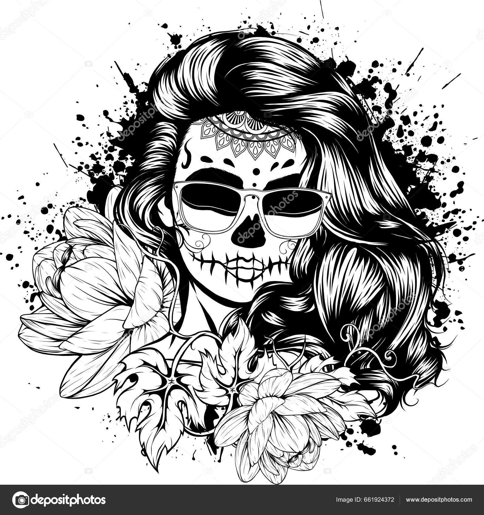 Easy Dead Girl Drawing Girl With Skeleton Make Up Hand Drawn Vector
