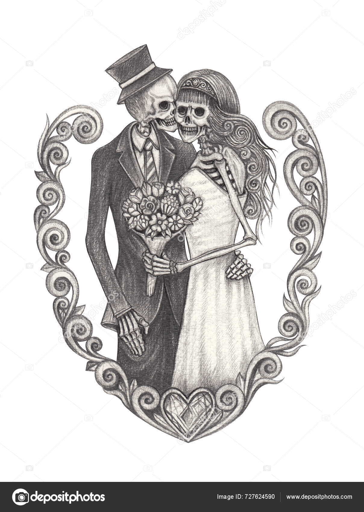 Couple Love Wedding Skull Design Hand Drawing Paper — Stock Photo ...