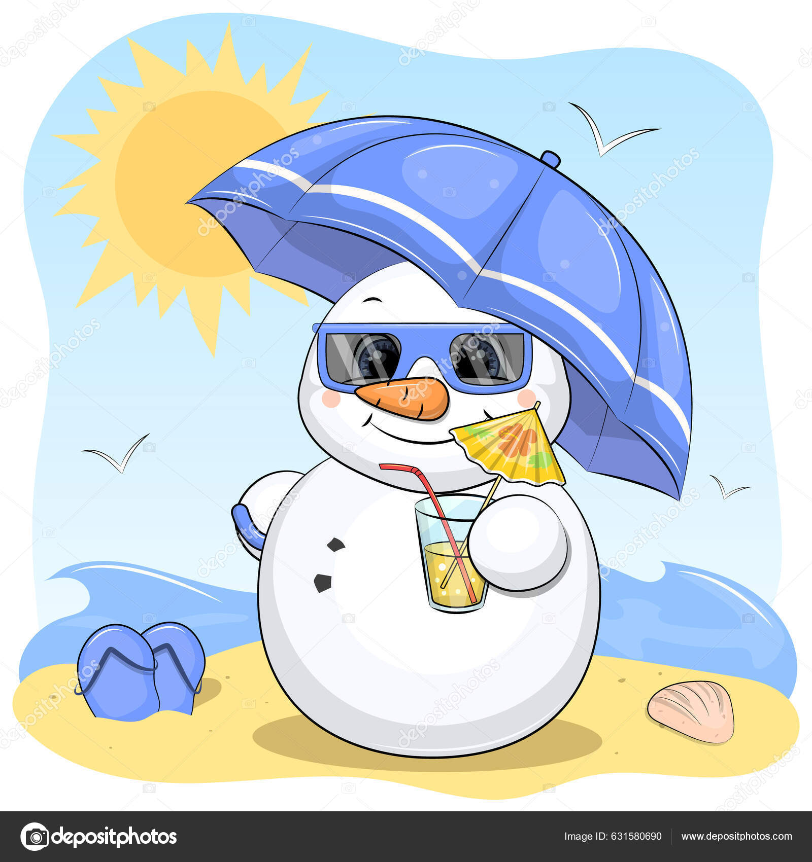 Cute Cartoon Snowman Drink Umbrella Beach Funny Summer Vector ...