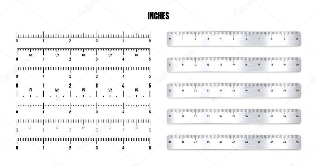 Reglas de metal realistas con escala de pulgada negra para medir longitud o altura. Varias ...