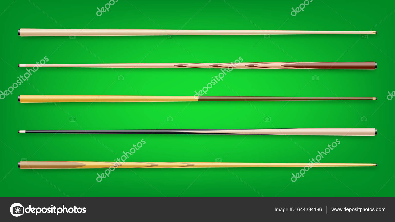 Various Wooden Billiard Cues Green Background Snooker Sports Equipment Vintage Stock Vector by ...