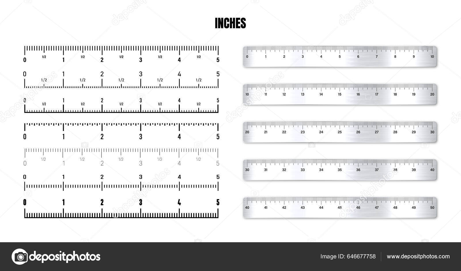 Realistic Metal Rulers Black Inch Scale Measuring Length Height Various ...