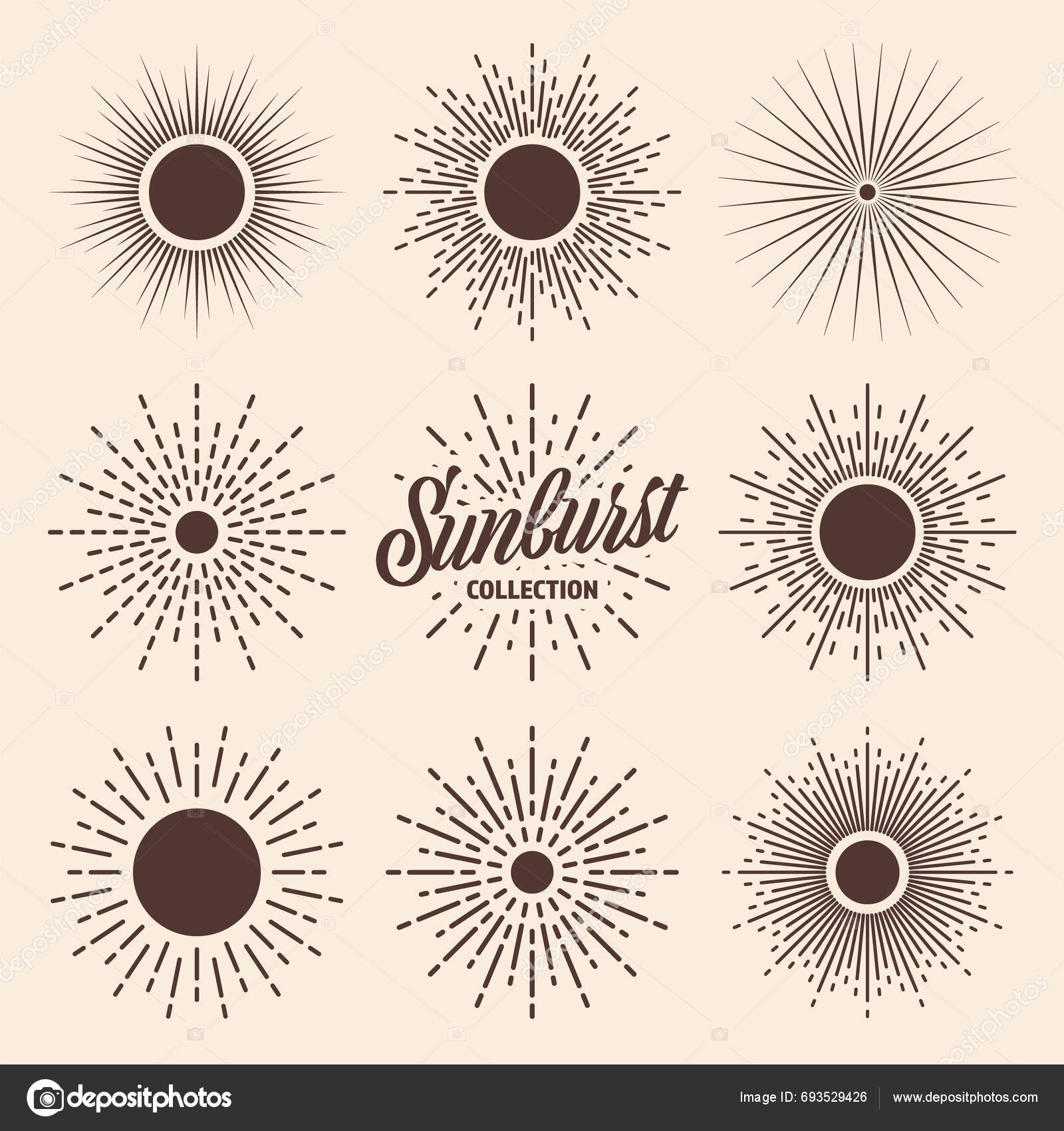 Vintage Sunburst Sunset Beams Collection Hand Drawn Bursting Sun Light ...