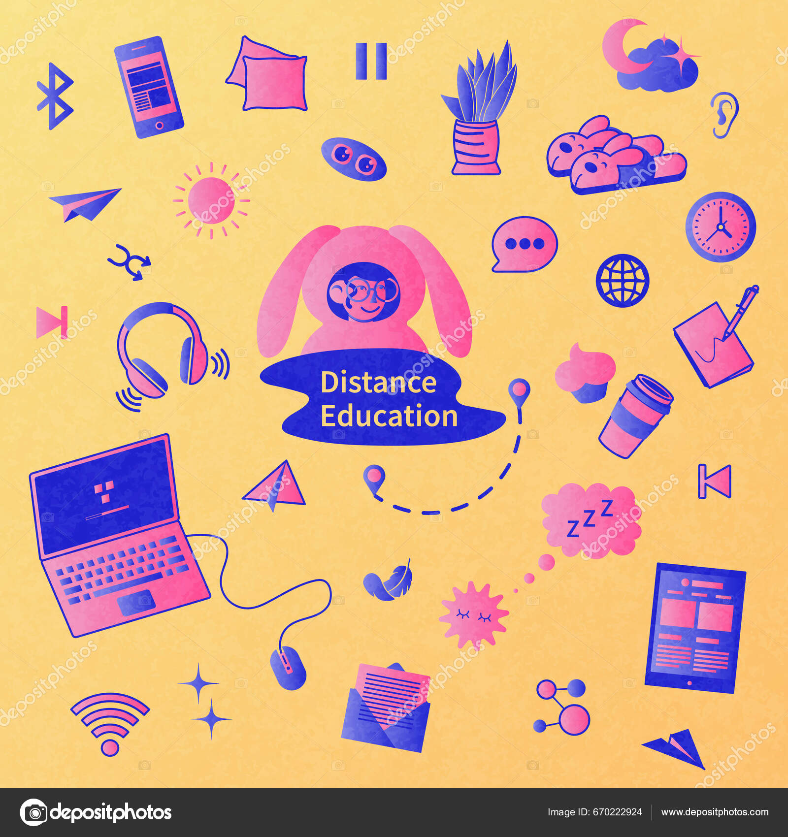 Set Vector Objects Related Distance Learning Risograph Print Style ...