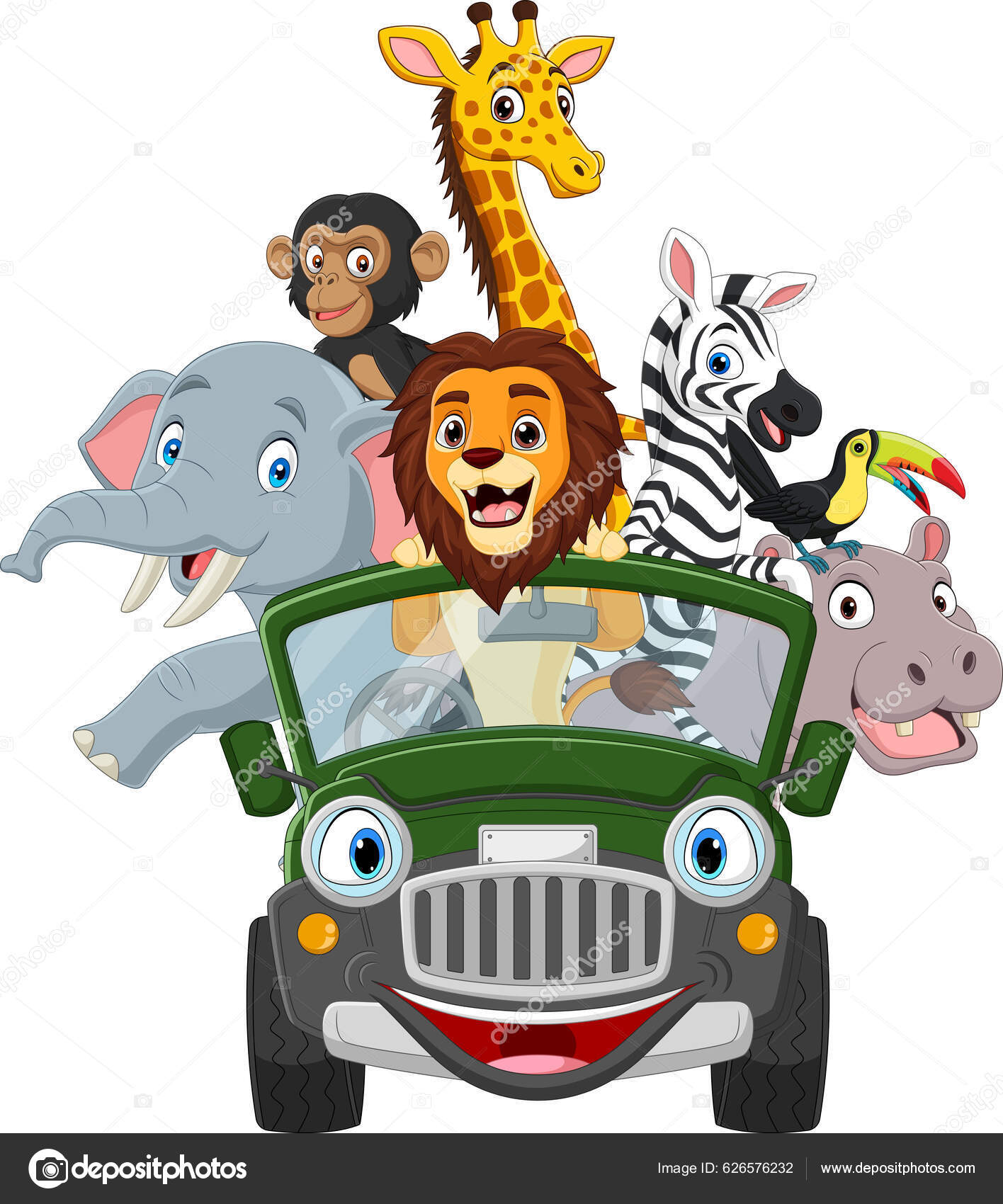 Vector Illustration Cartoon Wild Animals Riding Green Car Stock Vector ...
