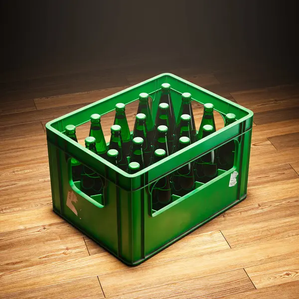 Green plastic beer crate full of glass beverage bottles standing in a ...
