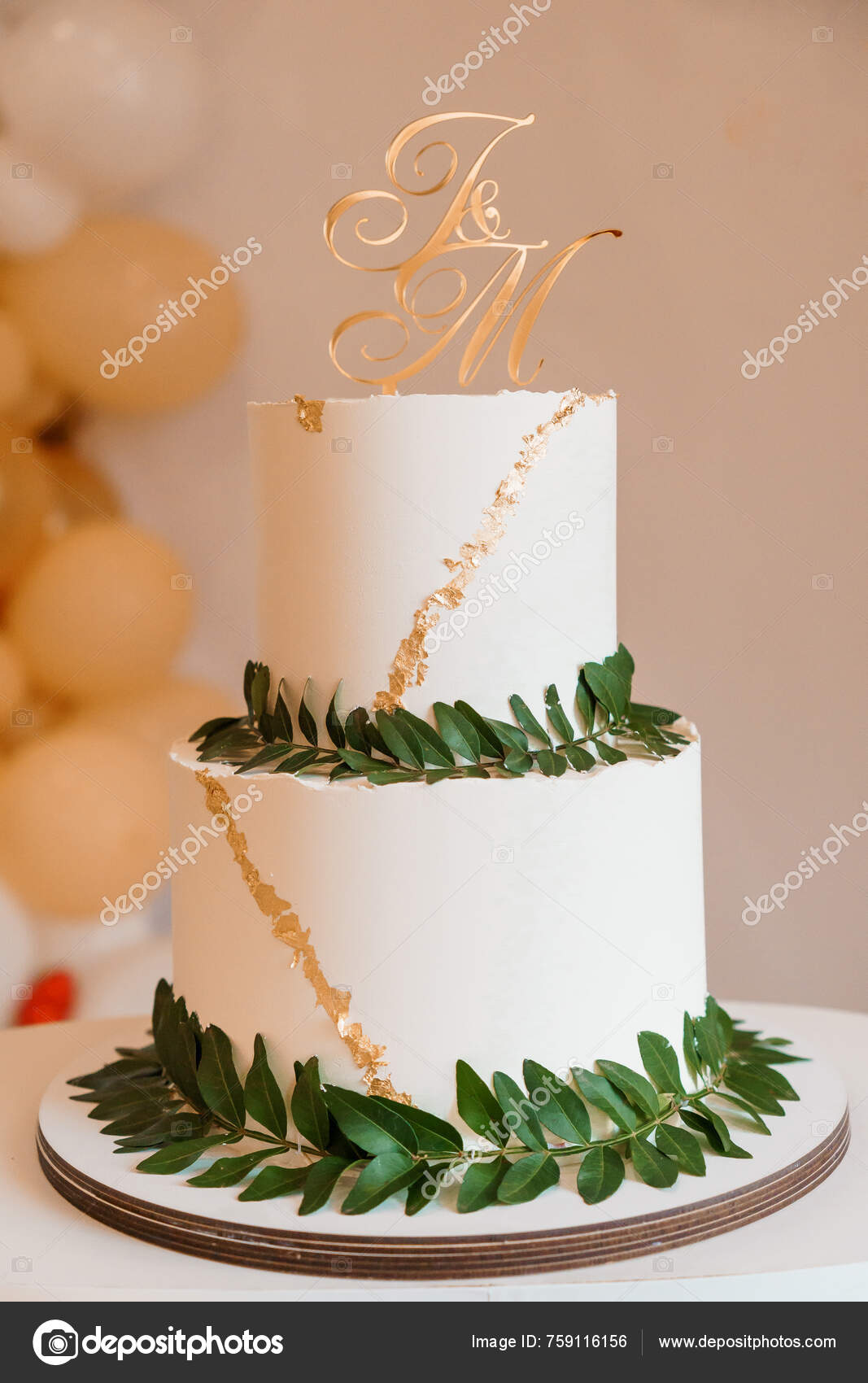 Elegant Two Tier Wedding Cake Gold Accents Greenery — Stock Photo ...